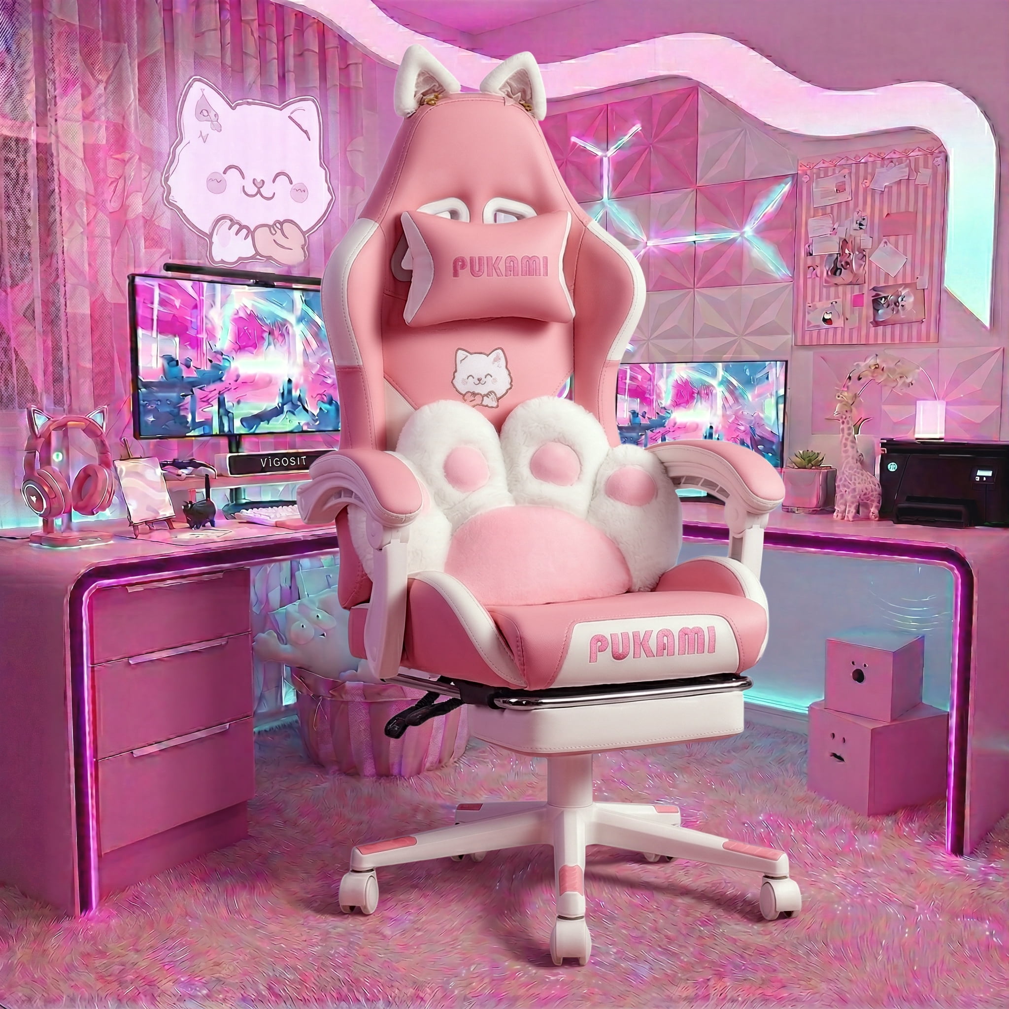 BOSSIN Pink Gaming Chair, Cat Ears, Cat Paw Lumbar Cushion, Adjustable ...