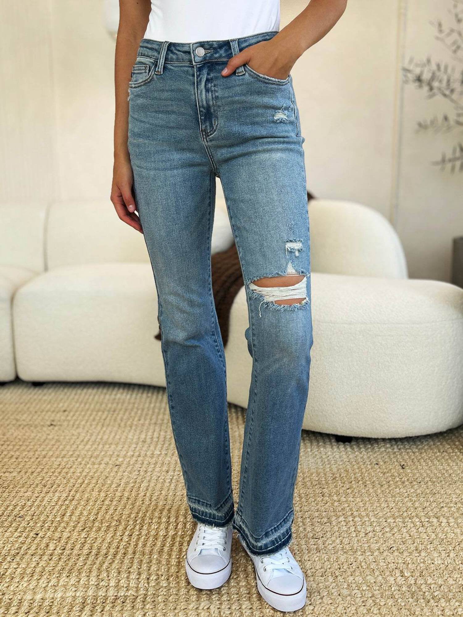 BOTTOM Judy Blue Full Size Mid Rise Destroyed Hem Distressed Jeans ...