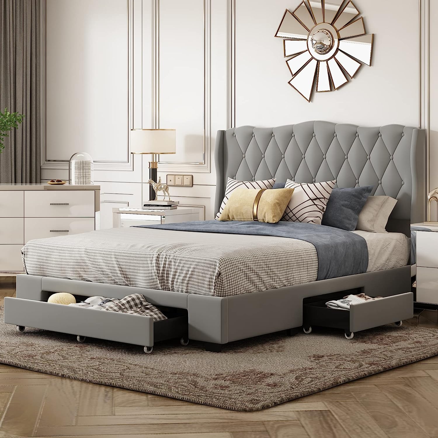 BOTUI Queen Size Upholstered Platform Bed with Velvet Fabric and 3 ...