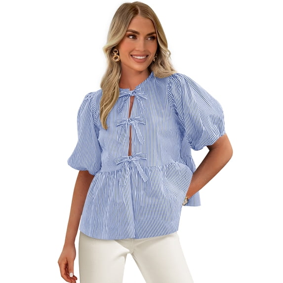 PRETTYGARDEN Women's Bow Front Top with Puff Sleeves, Sizes S-XXL ...