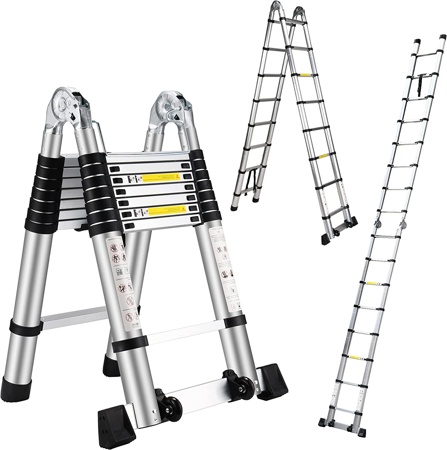 BOWEITI 12.5FT Telescopic Aluminum Ladder with Wheels, 330lb Capacity ...