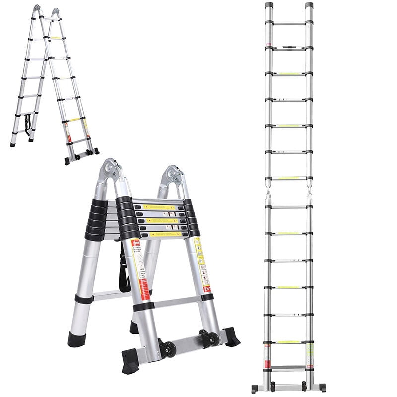 BOWEITI 14.5 FT RETRACTABLE A-FRAME LADDER NATURAL COLOR, ALUMINUM ...
