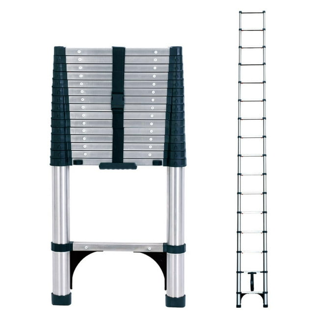 BOWEITI 15.5FT Telescopic Stainless Steel Ladder, One-Button Retraction ...