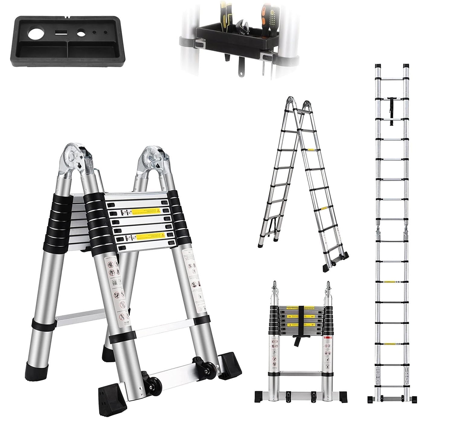 BOWEITI 16.5FT Adjustable Telescopic A-Frame Ladder, Extendable with ...