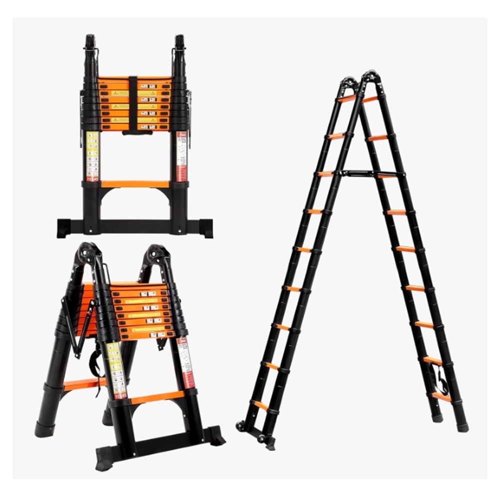 BOWEITI 16.5FT Telescoping A Frame Ladder black-orange with Wheel and ...