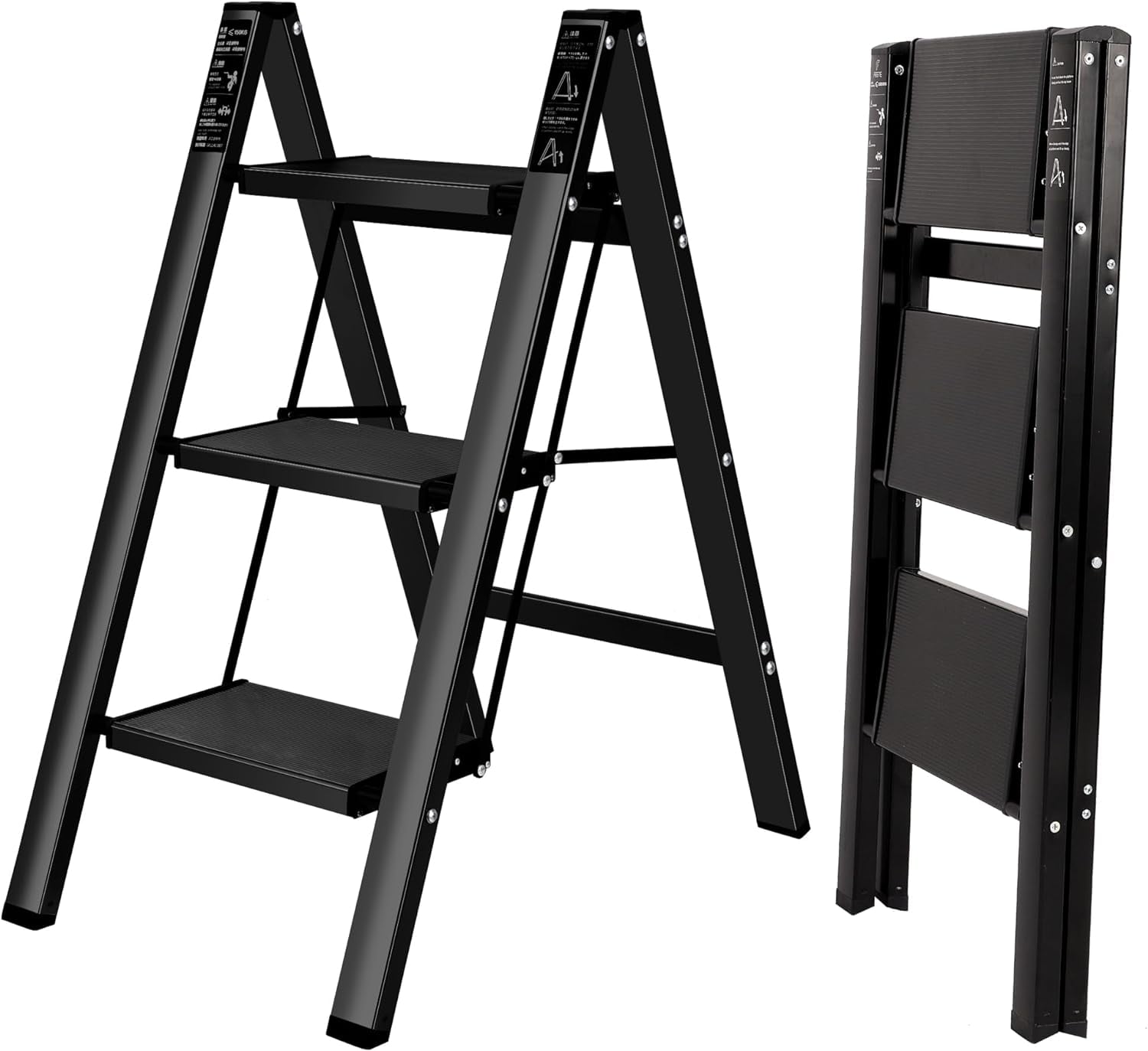 BOWEITI Strong Aluminum 3 Step Ladder, Folding Wide Anti-Slip Pedal ...