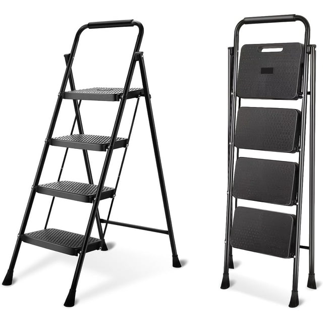 BOWEITI Foldable 4 Step Ladder, Strong Metal, Lightweight, Wide Anti ...
