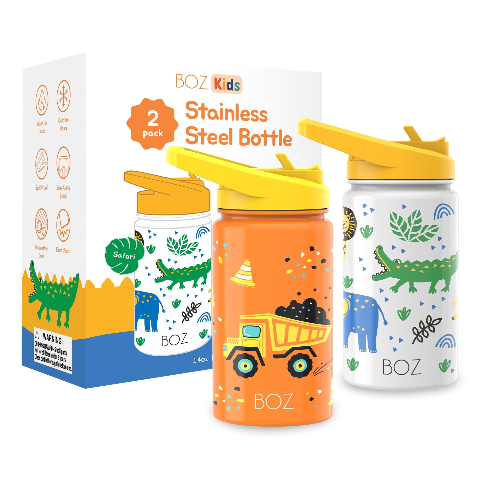 BOZ Kids Insulated Dino Water Bottle with Straw Lid - Two-Pack Bundle ...