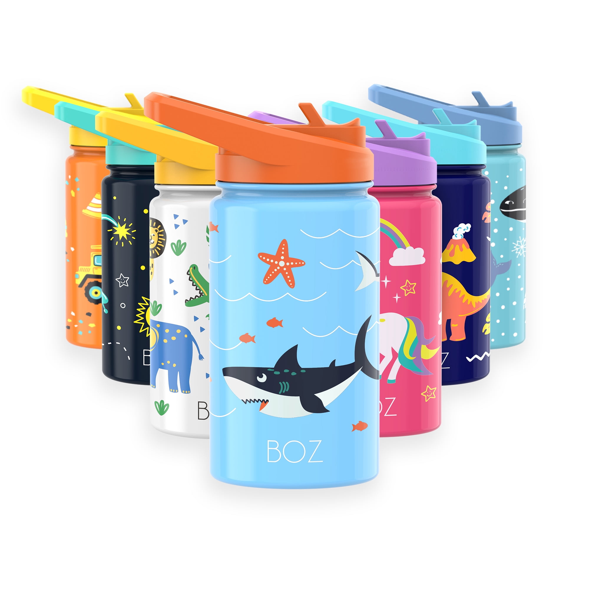 BOZ Kids Sharks Water Bottle with Straw Lid, 14 oz / 414 ml, Double ...