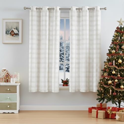 BP 72 Inch Linen White Buffalo Plaid Window Curtain Panels,Woven Tan ...