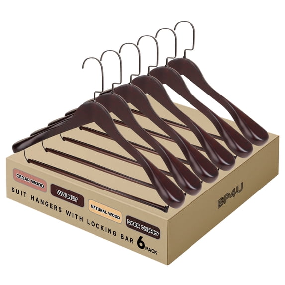 BP4U 6-Pack Premium Wide Shoulder Wooden Suit Hangers, Heavy-Duty Non ...