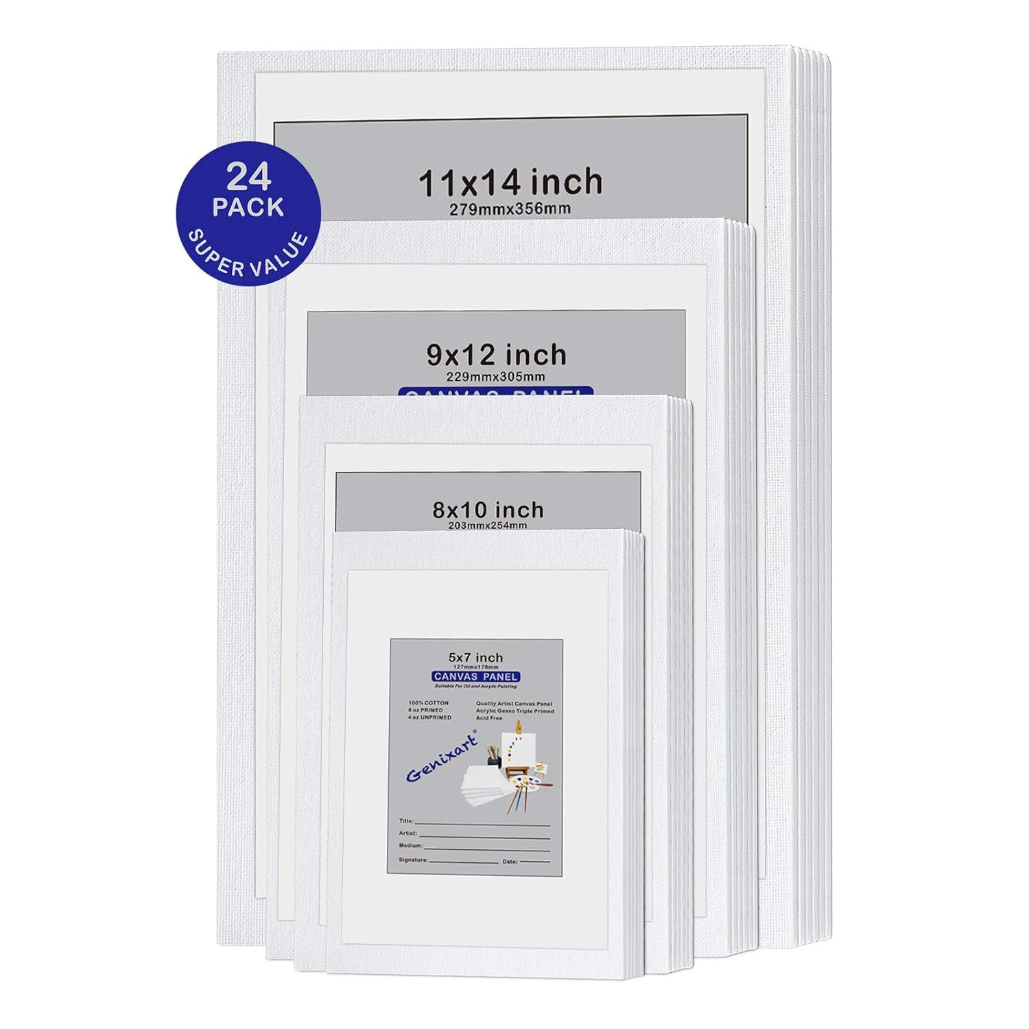 BPA White Blank Canvas Panels Multi Pack of 24 6 of Each Assorted sizes ...