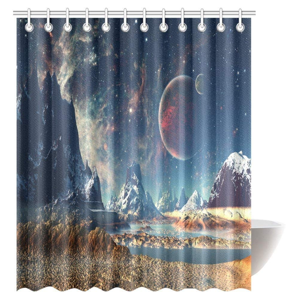 BPBOP Fantasy Shower Curtain, Alien Planet with Earth Moon and Mountain ...