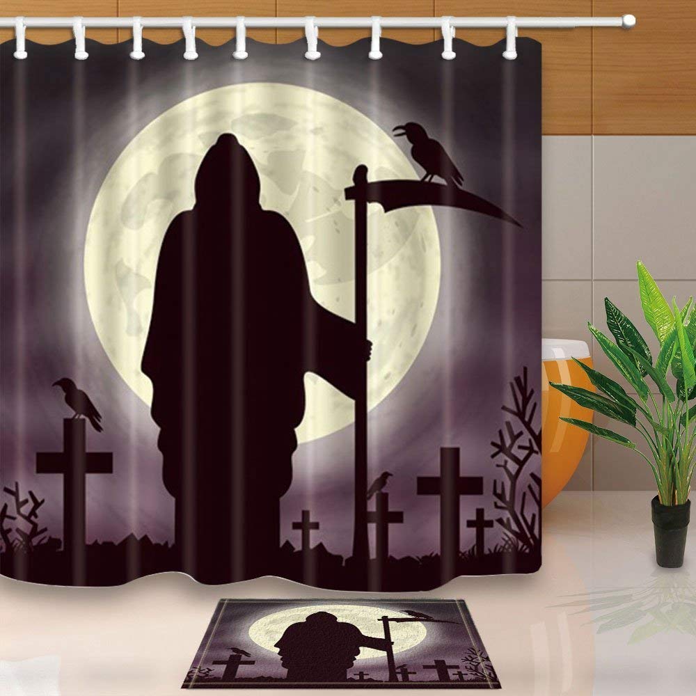 BPBOP Halloween Moon Decor Death with Crow on Sickle Shower Curtain ...