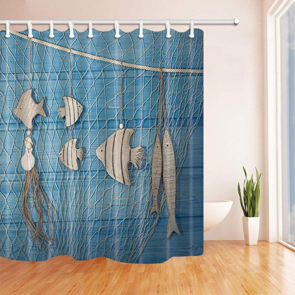 BPBOP Ocean Marine Life Fish and Fishing Nets Against Blue Wooden Board ...