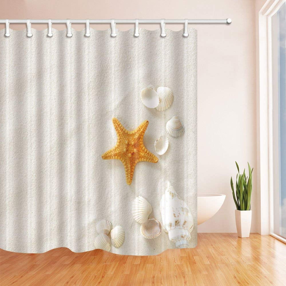 BPBOP Shellfish and Starfish on White Beach Polyester Fabric Bathroom ...