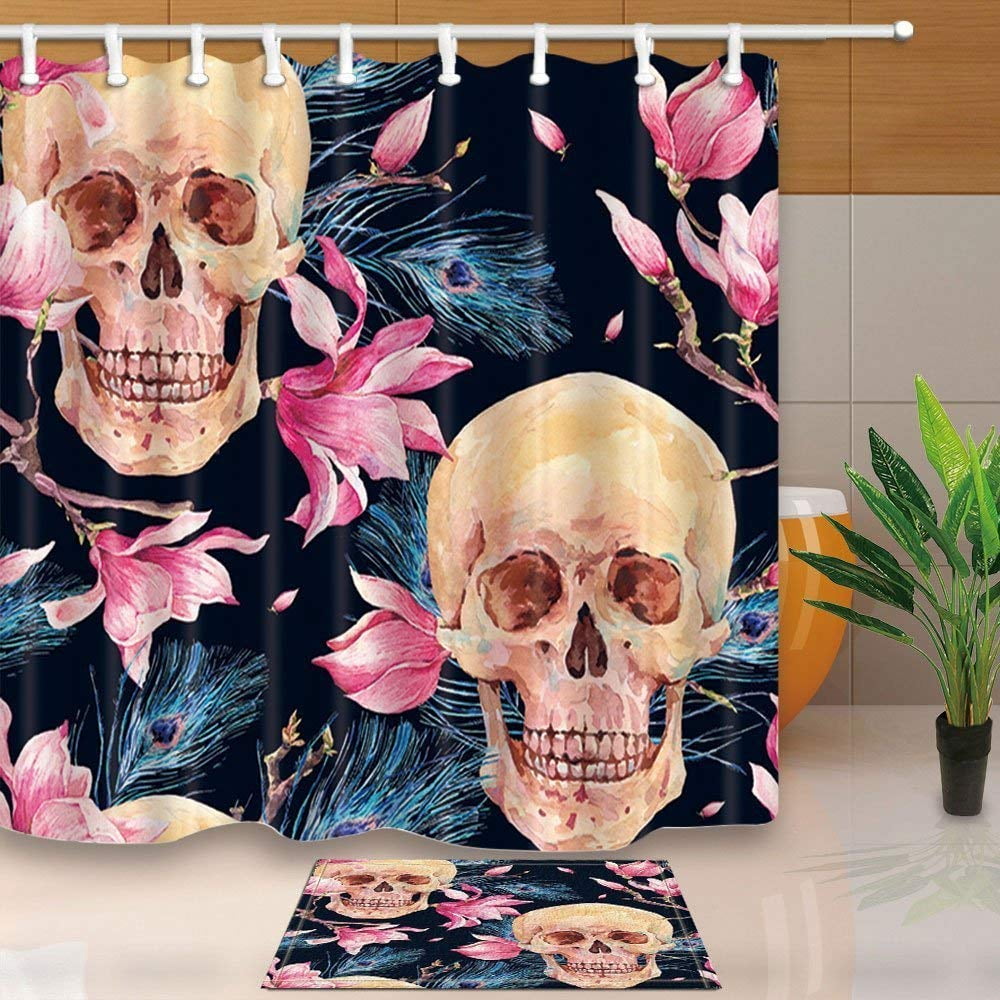 BPBOP Sugar Skull Decor Skull in Pink Magnolia Flowers and Peacock ...