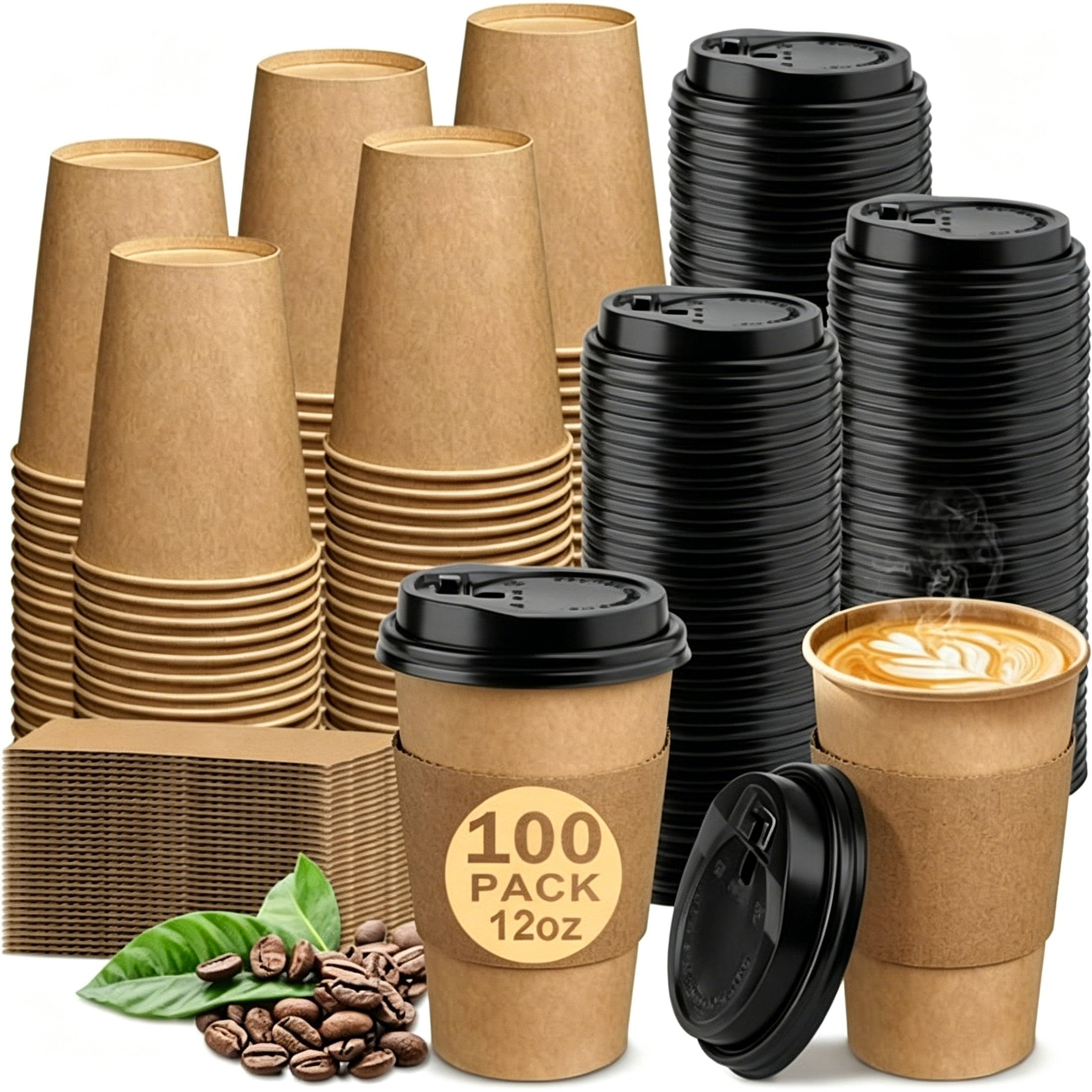 BPPEG 100 Pack 12 Oz Paper Coffee Cups,Disposable Coffee Cups with Lids ...