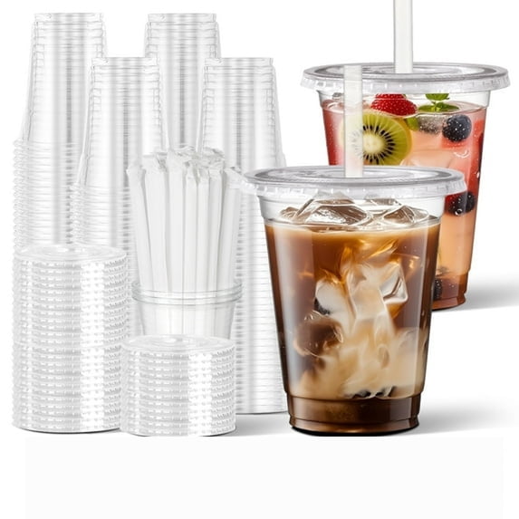 BPPEG 100 Pack 16 Oz Clear Plastic Cups with Lids and Straws,Disposable ...
