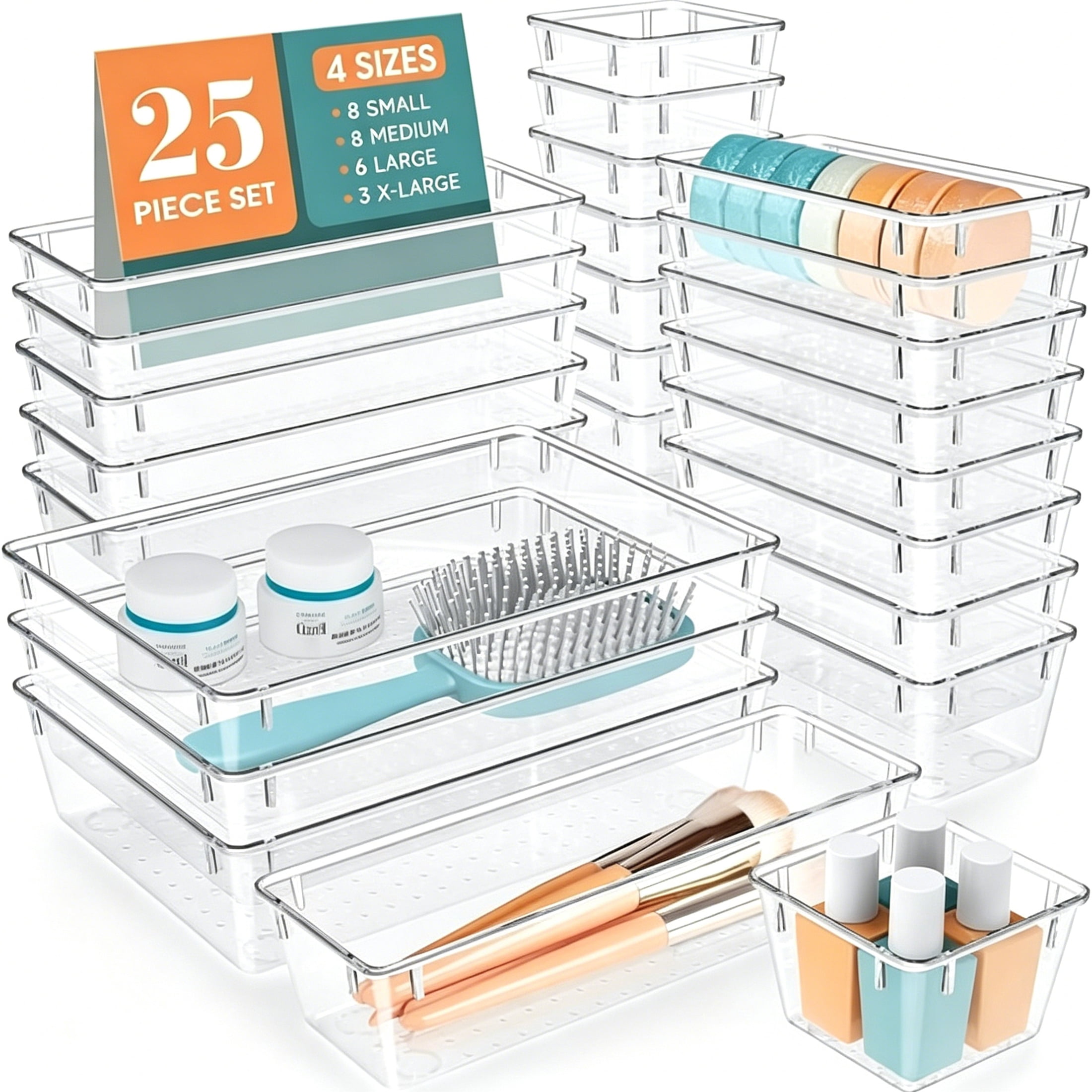 BPPEG 25 Pcs Clear Plastic Drawer Organizer Set,4 Sizes Desk Drawer ...