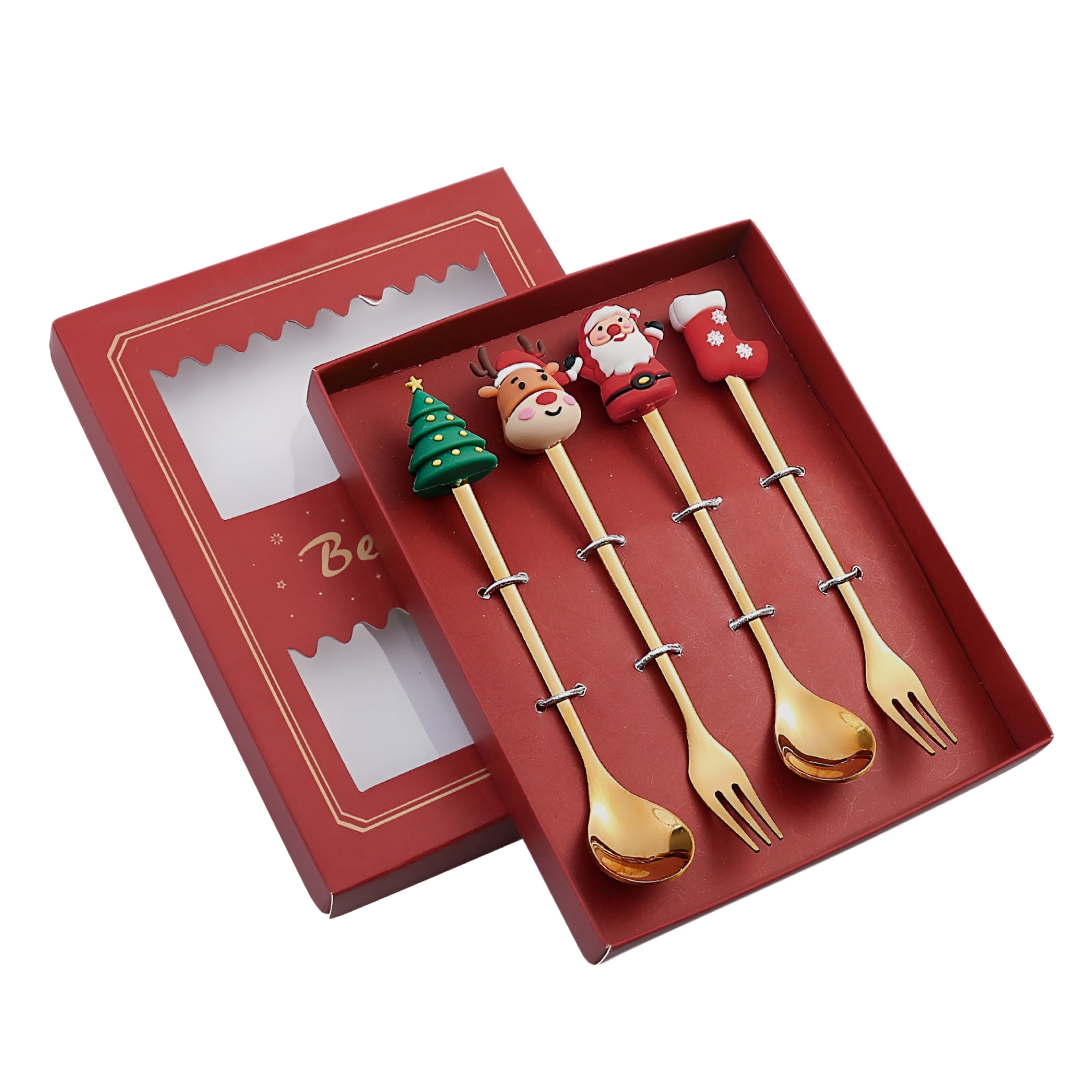 BPPEG 4Pcs Christmas Coffee Spoons with Red Box Creative Christmas Tree ...