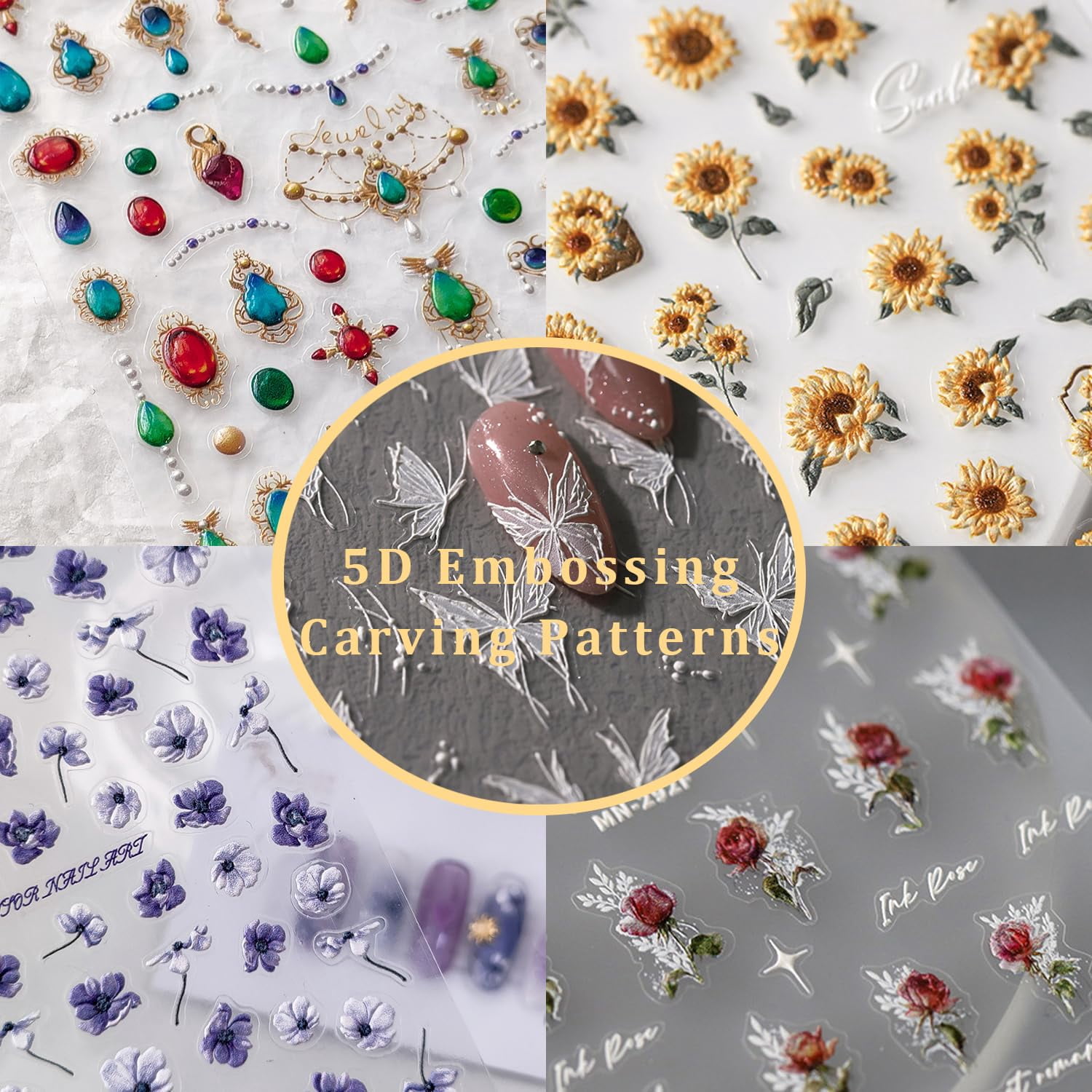 BPPEG Flower Nail Stickers 5D Embossed Nail Art Stickers Decals Self ...