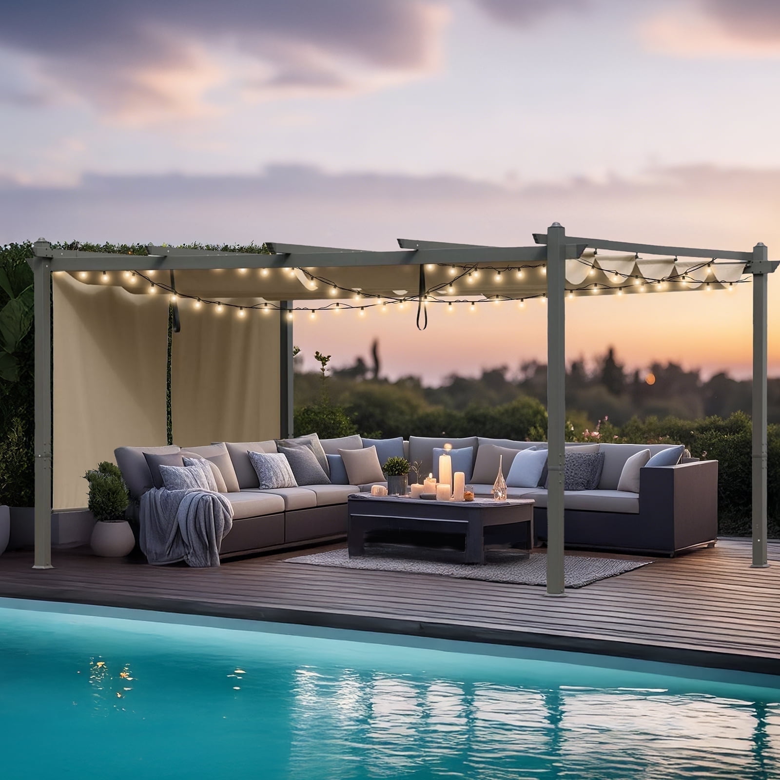 BPS 12' x 14' Outdoor Pergola with Retractable Canopy & Adjustable Sun ...