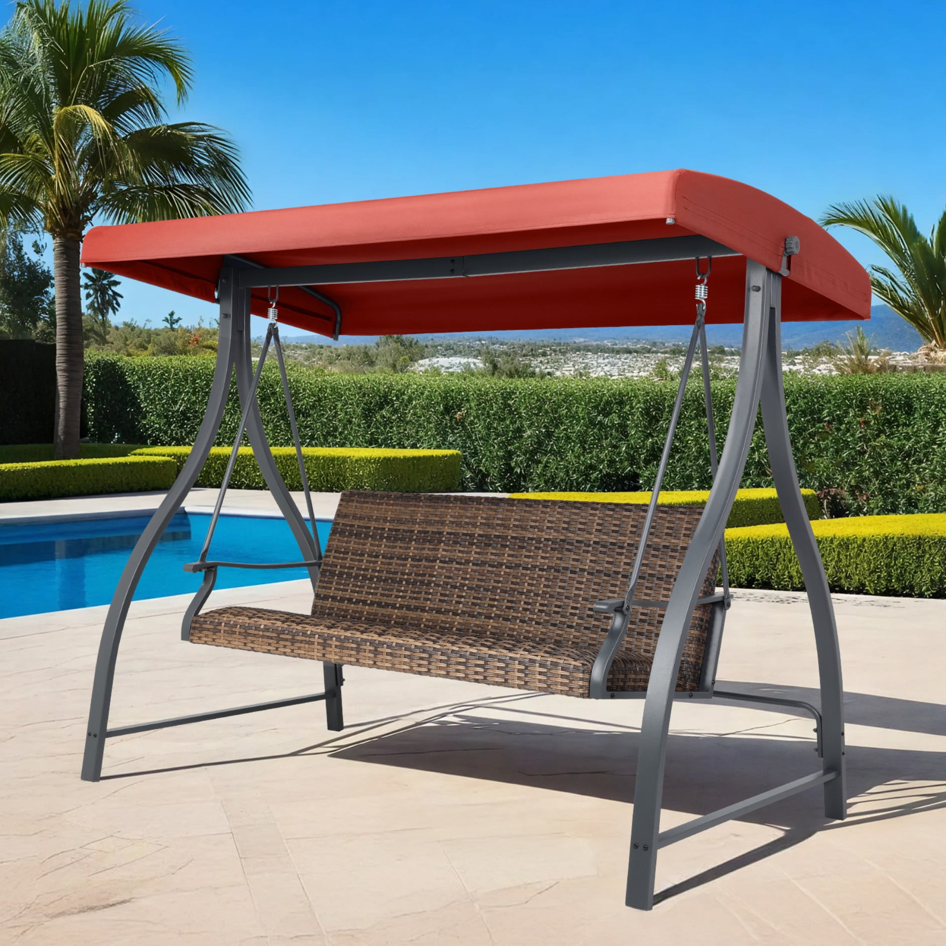 BPS 3-Seat Outdoor Porch Swing, Metal Frame PE Wicker Patio Swing with Adjustable Olefin Canopy ...