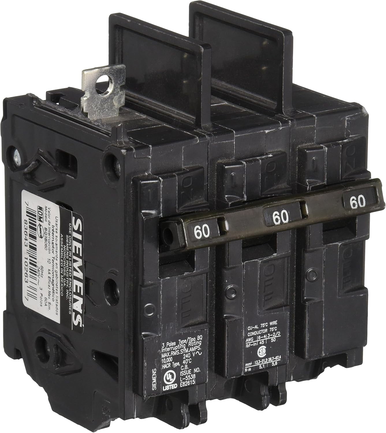 BQ3B060 60-Amp Three Pole 240-Volt 10KAIC Lug In/Lug Out Breaker ...