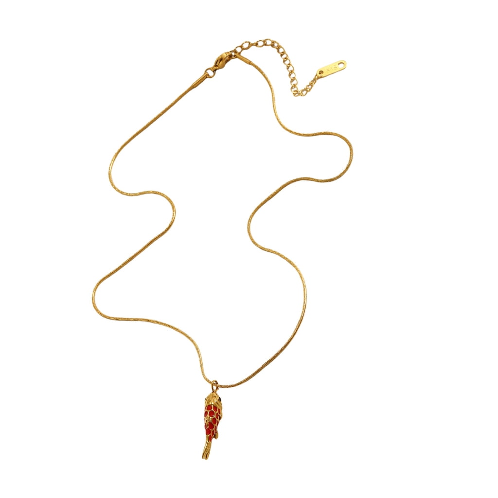 BQBQERT Red Enameled Carp Charm Necklace Stainless Steel 18k Gold ...
