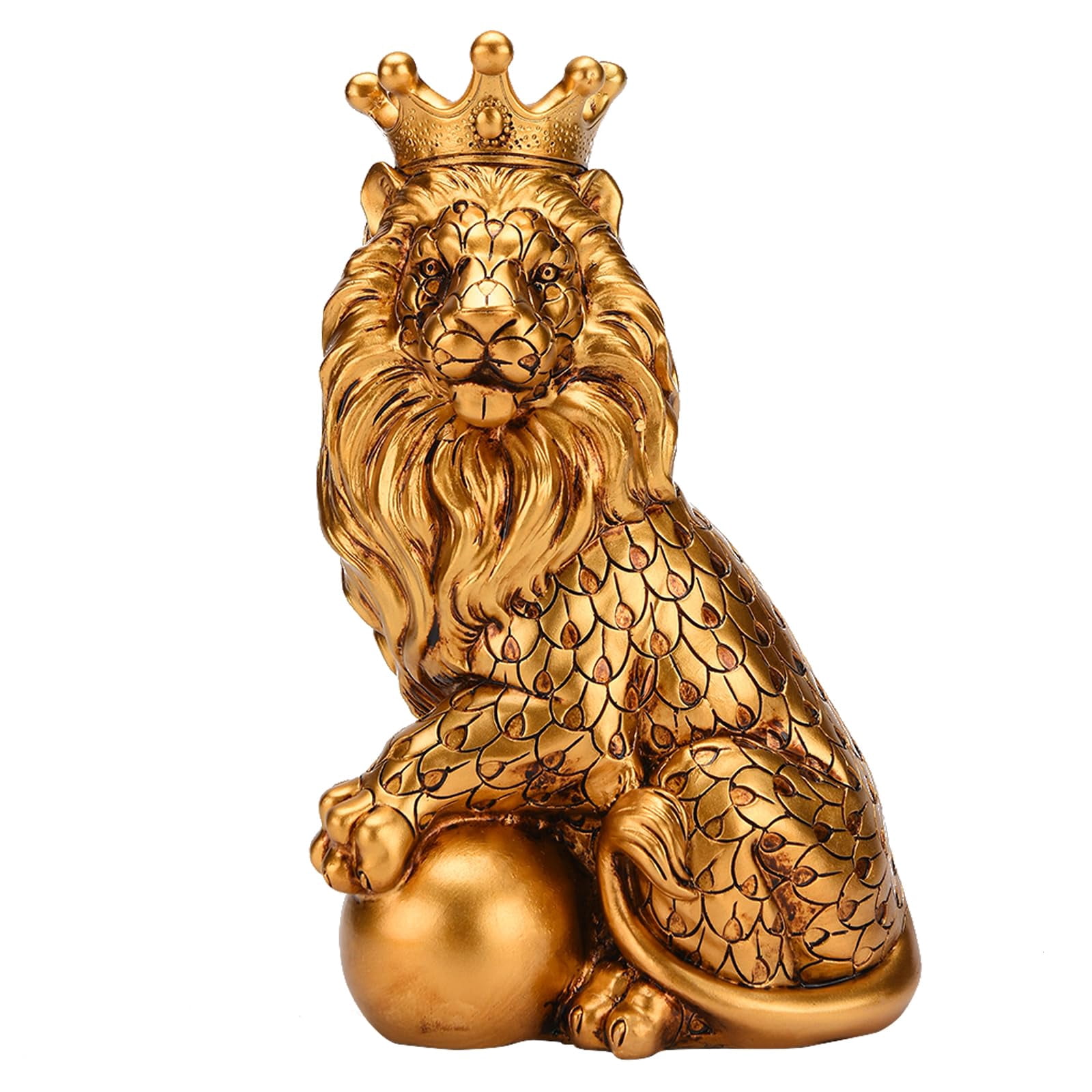 BRABUD Resin Sitting Lion with Ball Gold Statue Accent Crown Lion ...