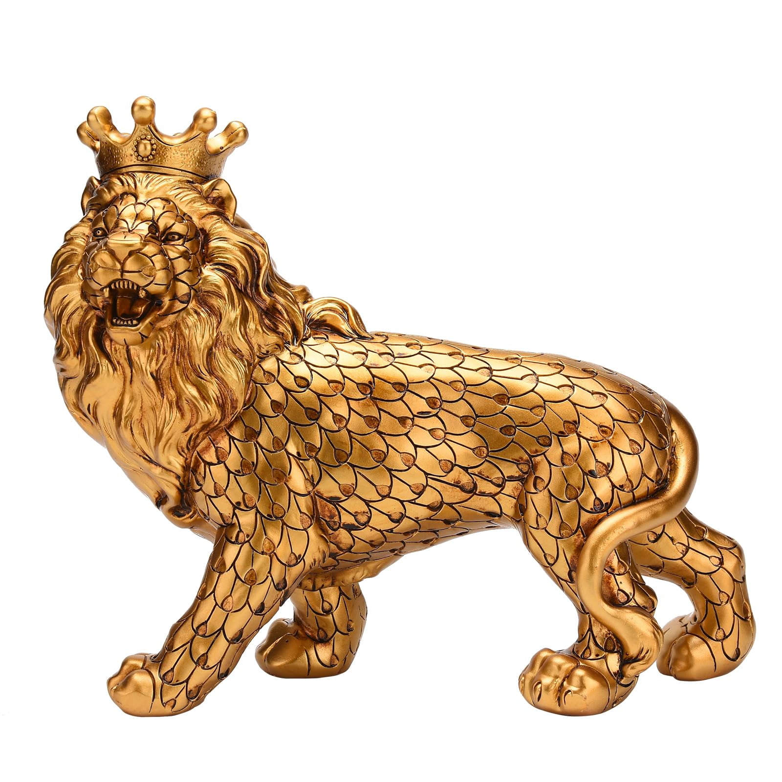 BRABUD Resin Walking Roaring Lion Statue Gold Crown Lion Statue Modern ...