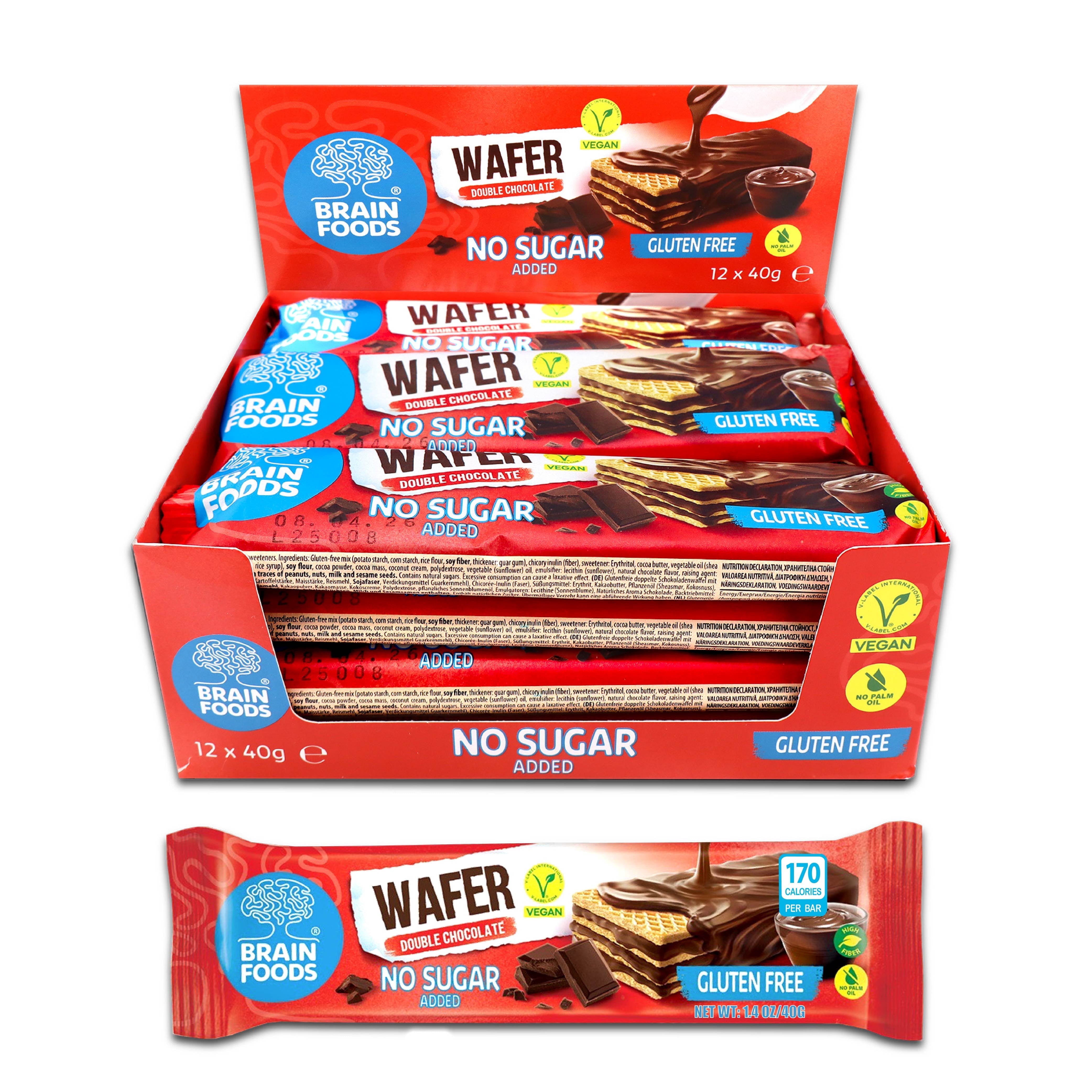 BRAIN FOODS Gluten Free Vegan Double Chocolate Wafers - 12 Bars, No ...