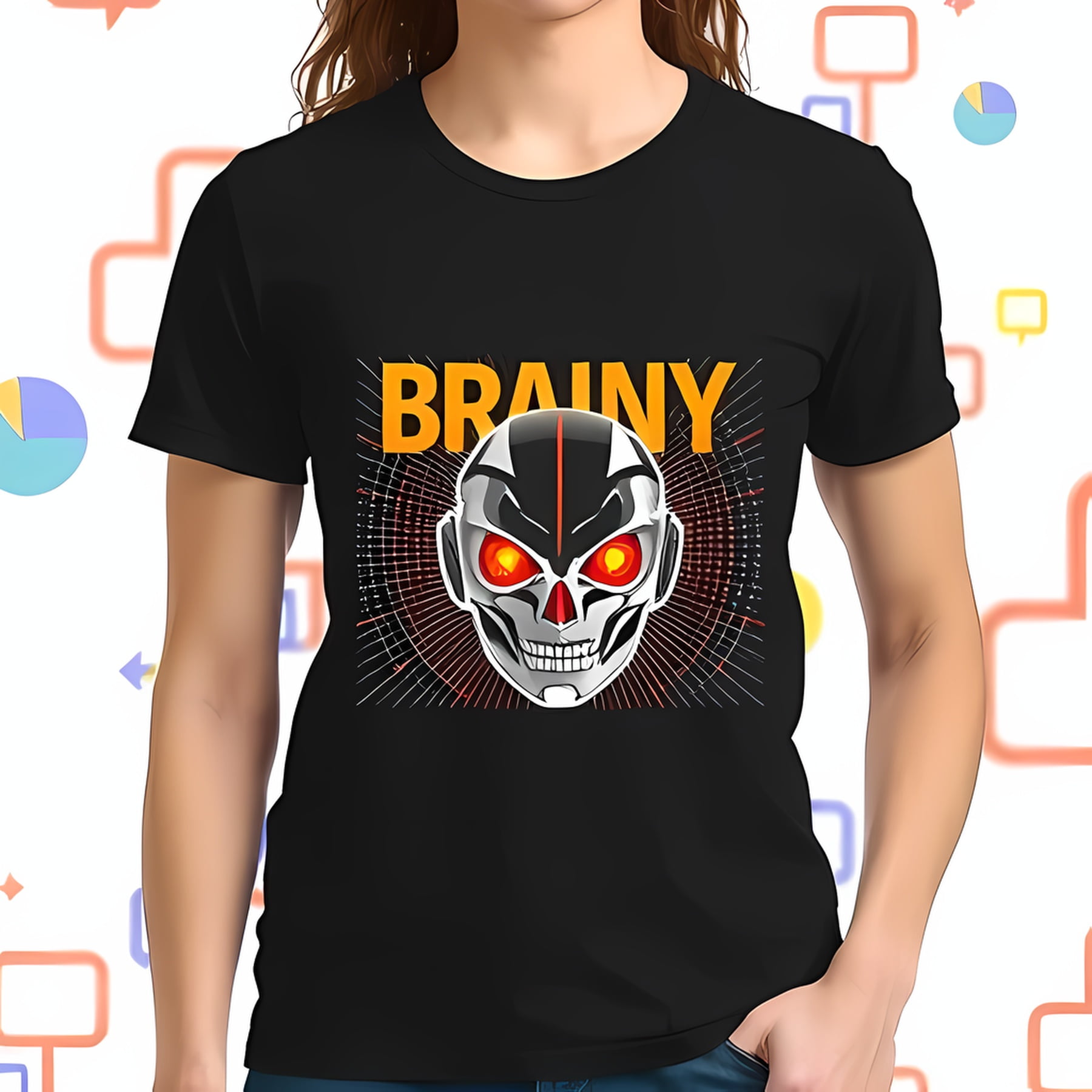BRAINY Graphic T-Shirt - Black Crew Neck with Robotic & Glowing Red ...