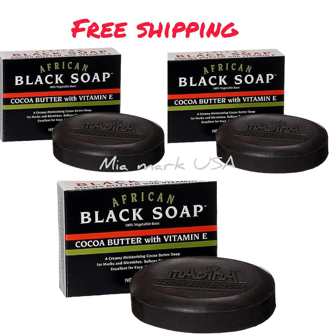 Madina African Black Soap with Cocoa Butter and Vitamin E, 3.5oz, 3 ...