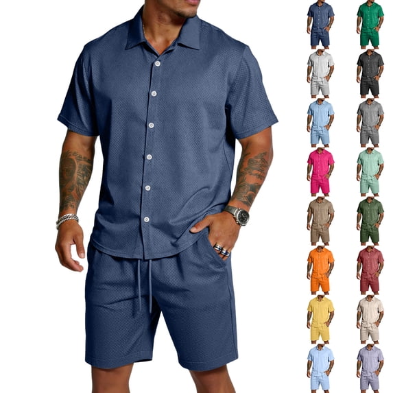 BRANROY Men's 2 Piece Short Set - Collar Button Down Tracksuit ...