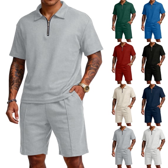 BRANROY Men's 2 Piece Short Set - Quarter Zip Polo Tracksuit, Waffle ...