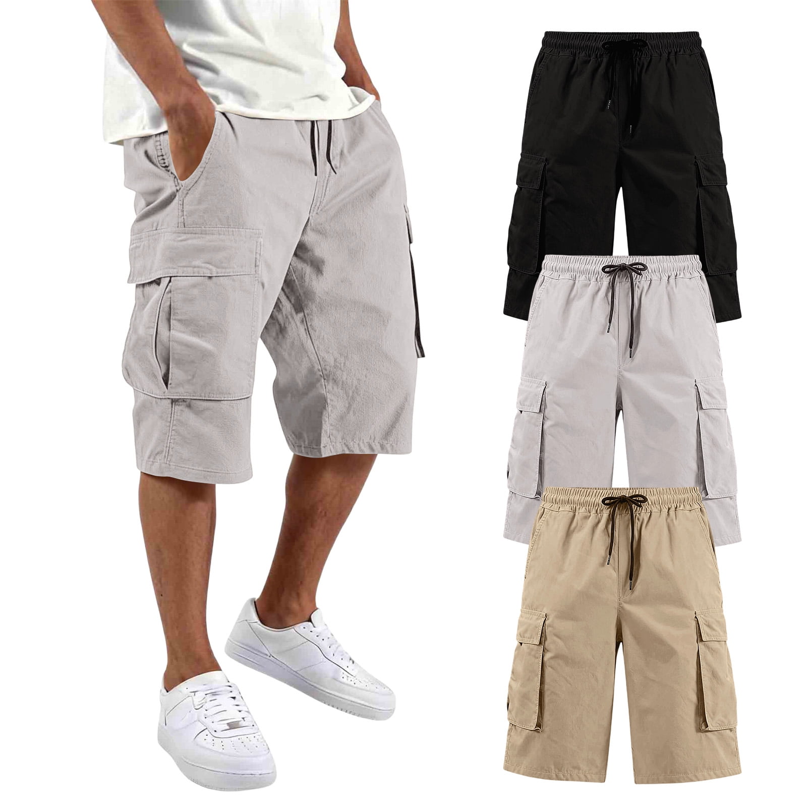 BRANROY Men's 3-Pack Cargo Shorts Mixed - Color Drawstring Multi-Pocket ...