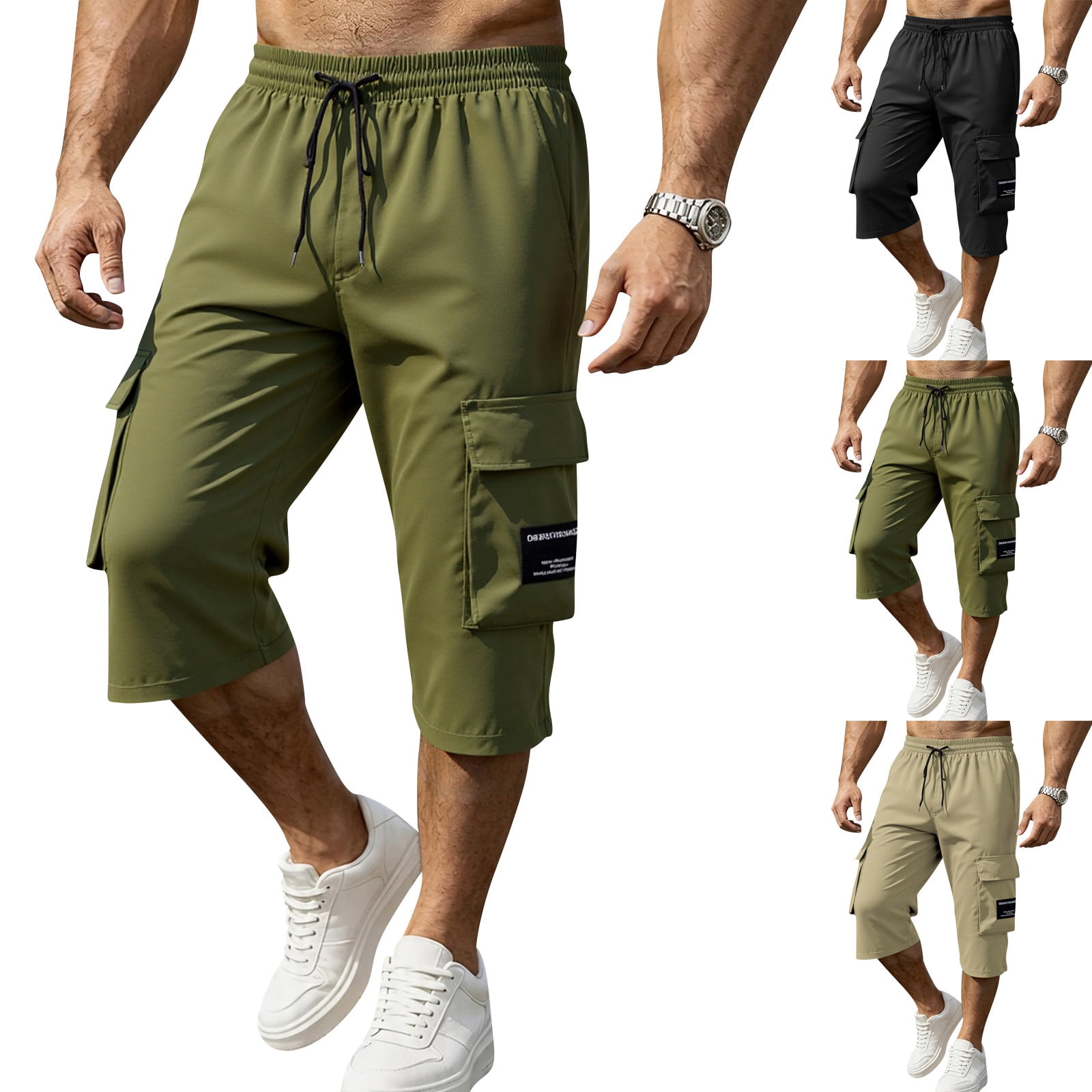 BRANROY Men's Cargo Capri Pants - Relaxed Fit Drawstring Elastic Waist ...