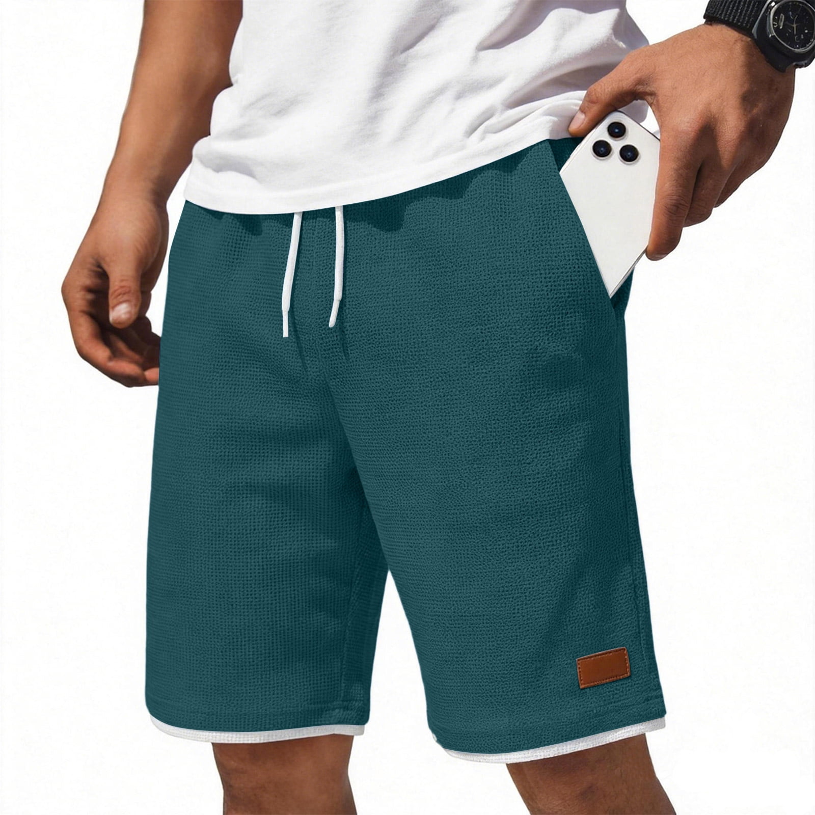 BRANROY Men's Casual Shorts Leather Label - Waffle Texture Drawstring ...