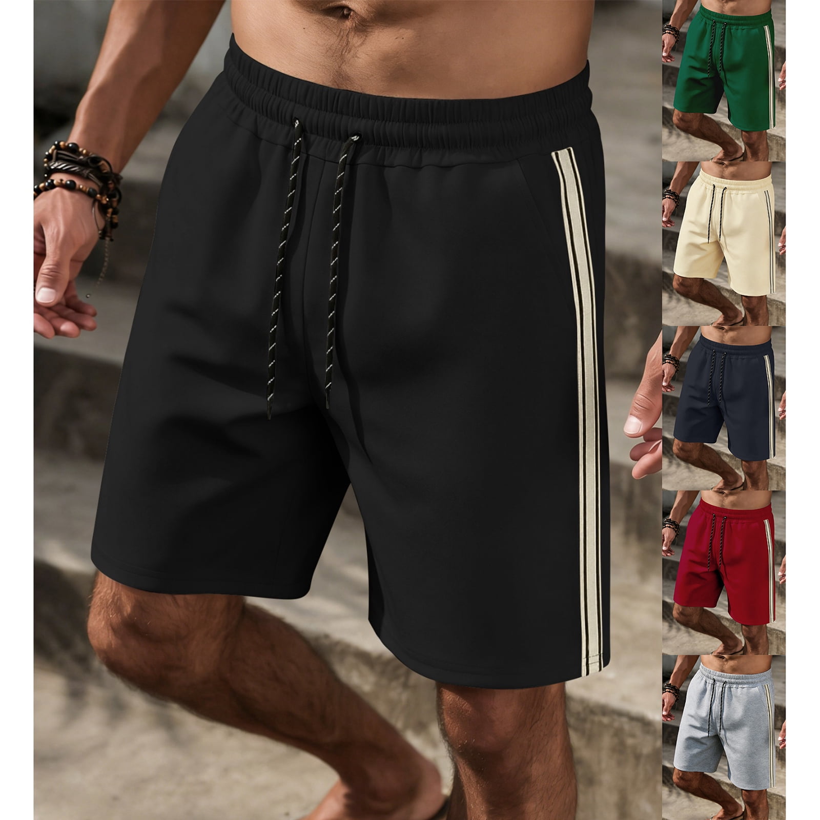 BRANROY Men's Casual Side Stripe Shorts - Elastic Waist Waffle Textured ...