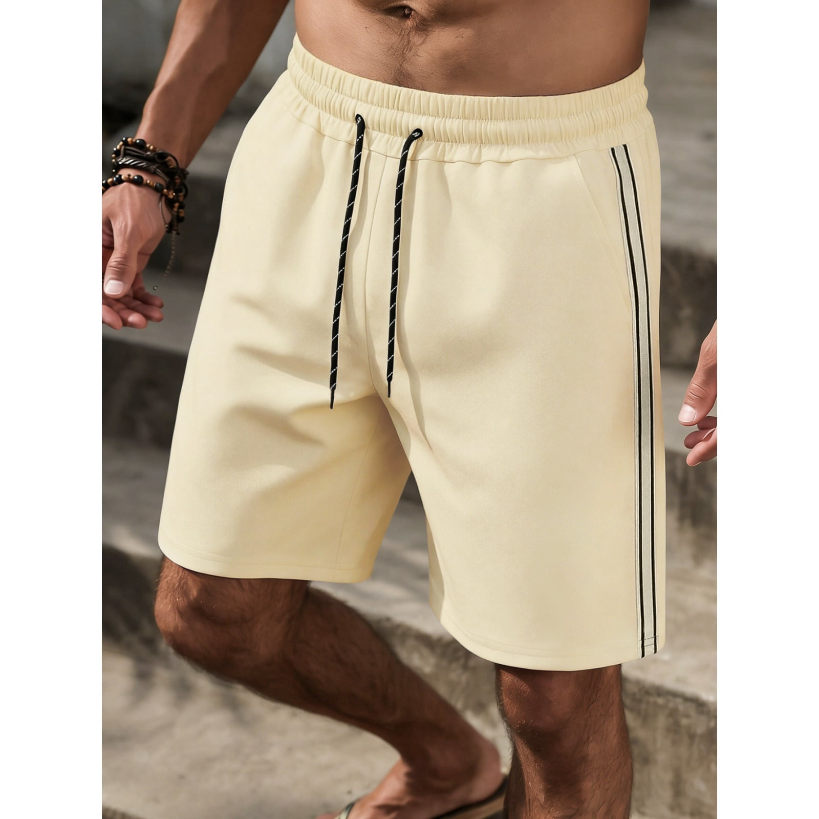 BRANROY Men's Elastic Waist 5-Inch Shorts - Side Stripe Waffle Texture ...