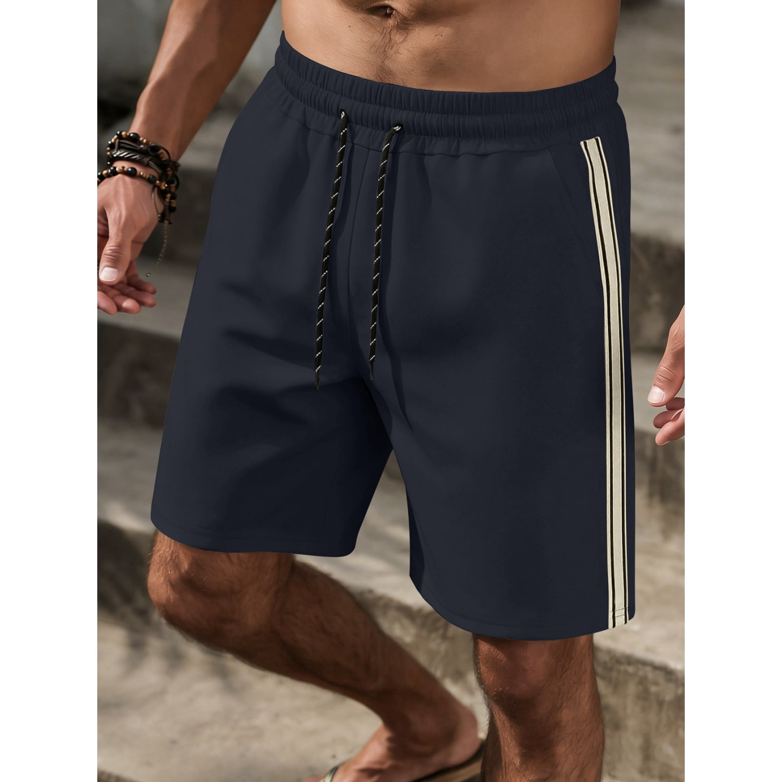 BRANROY Men's Elastic Waist 5-Inch Shorts - Side Stripe Waffle Texture ...