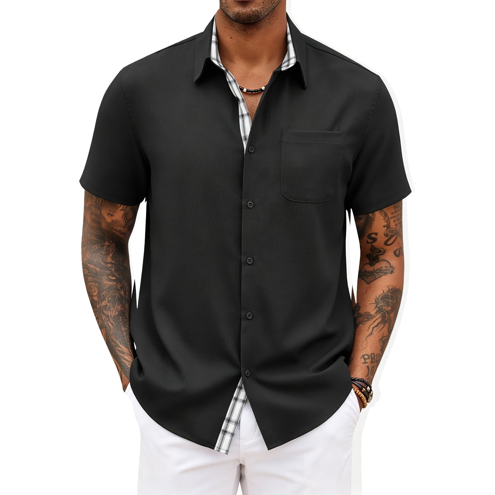 BRANROY Men's Short Sleeve Collared Shirts - Loose Casual Outdoor Solid ...