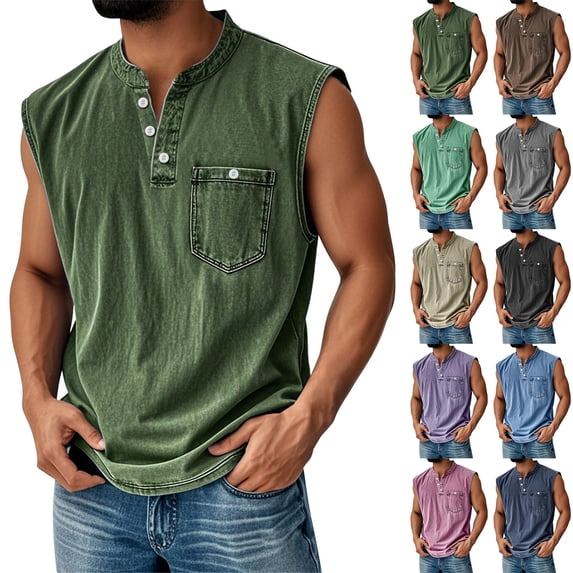 BRANROY Men's Tank Tops - Solid Button Sleeveless Shirts with Pockets ...
