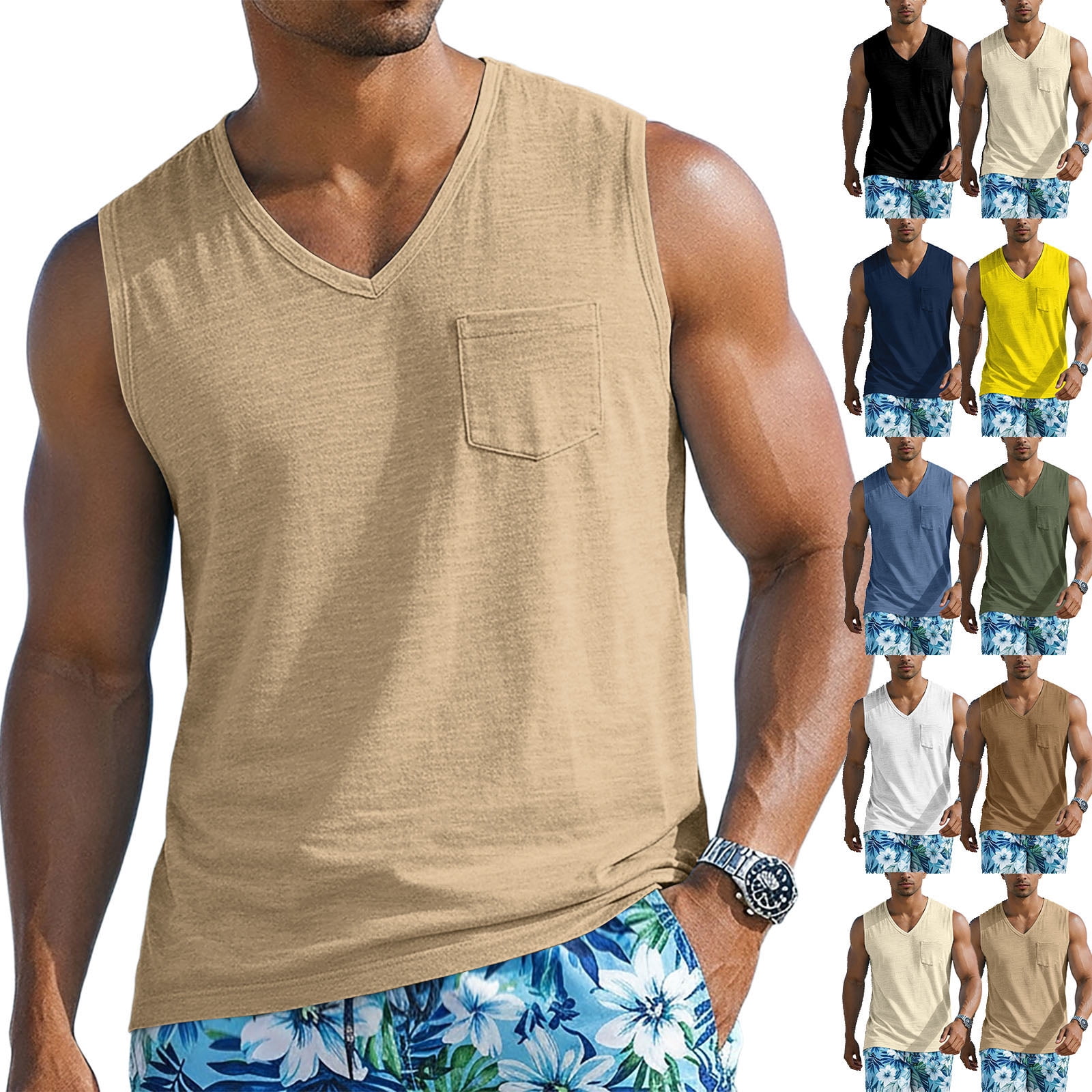 BRANROY Men's Tank Tops with Pocket - Wide Strap Casual Sleeveless ...