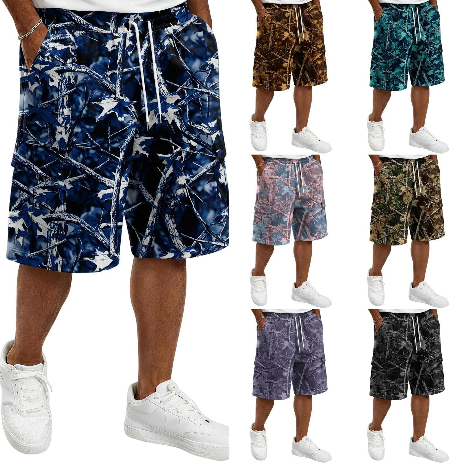 BRANROY Mens Casual Shorts Tree Camo - Drawstring Elastic Waist Loose ...