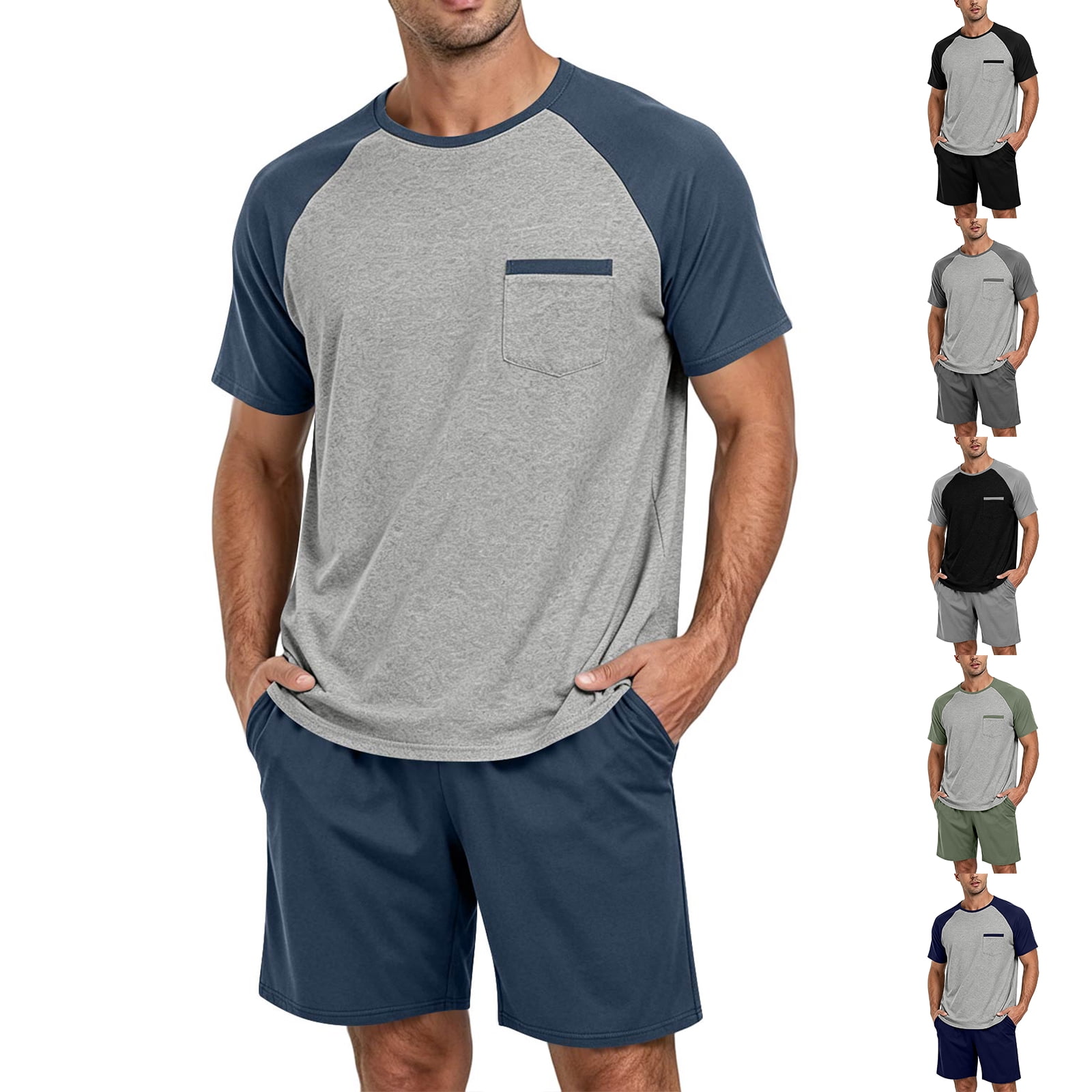BRANROY Mens Pajamas Set - Color Block Summer Short Sleeve Pajamas for ...