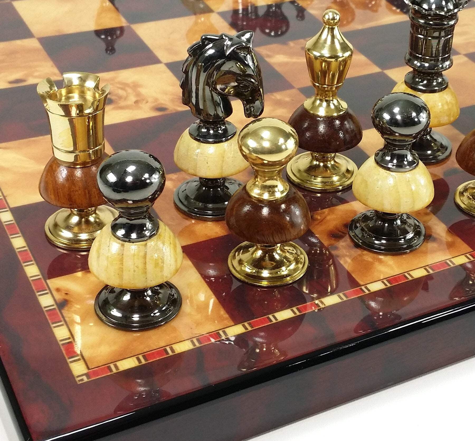 BRASS METAL Gold Black Chrome Royal Staunton Chess Set W 18" Cherry ...
