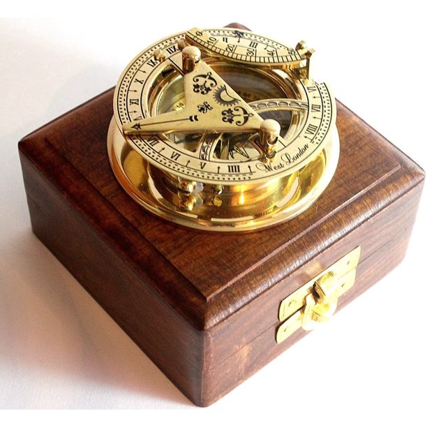 BRASS SUNDIAL COMPASS -Solid Brass Pocket Sundial - West London With Wooden Box - Walmart ...